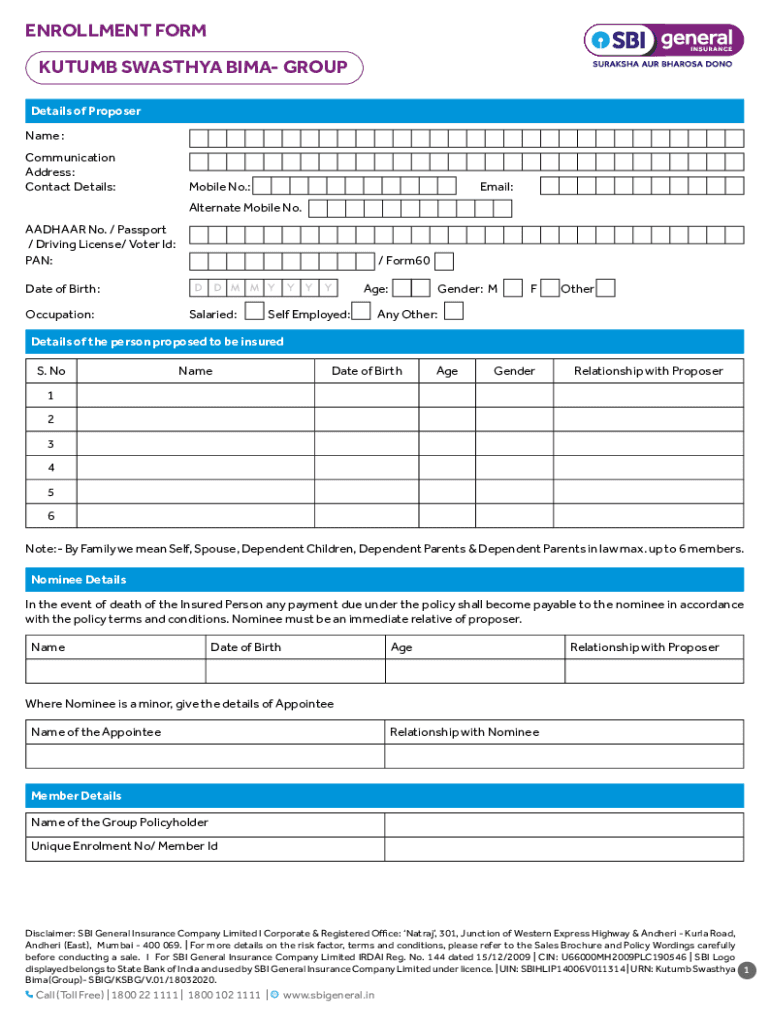 Fillable Online ENROLLMENT FORM KUTUMB SWASTHYA BIMA- GROUP Fax Email ...