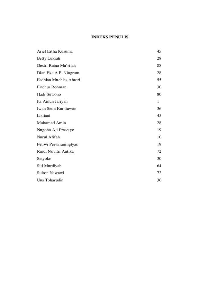 Fillable Online ejournal umm ac INDEKS PENULIS Arief Ertha Kusuma 45 Betty Lukiati 28 Destri ...