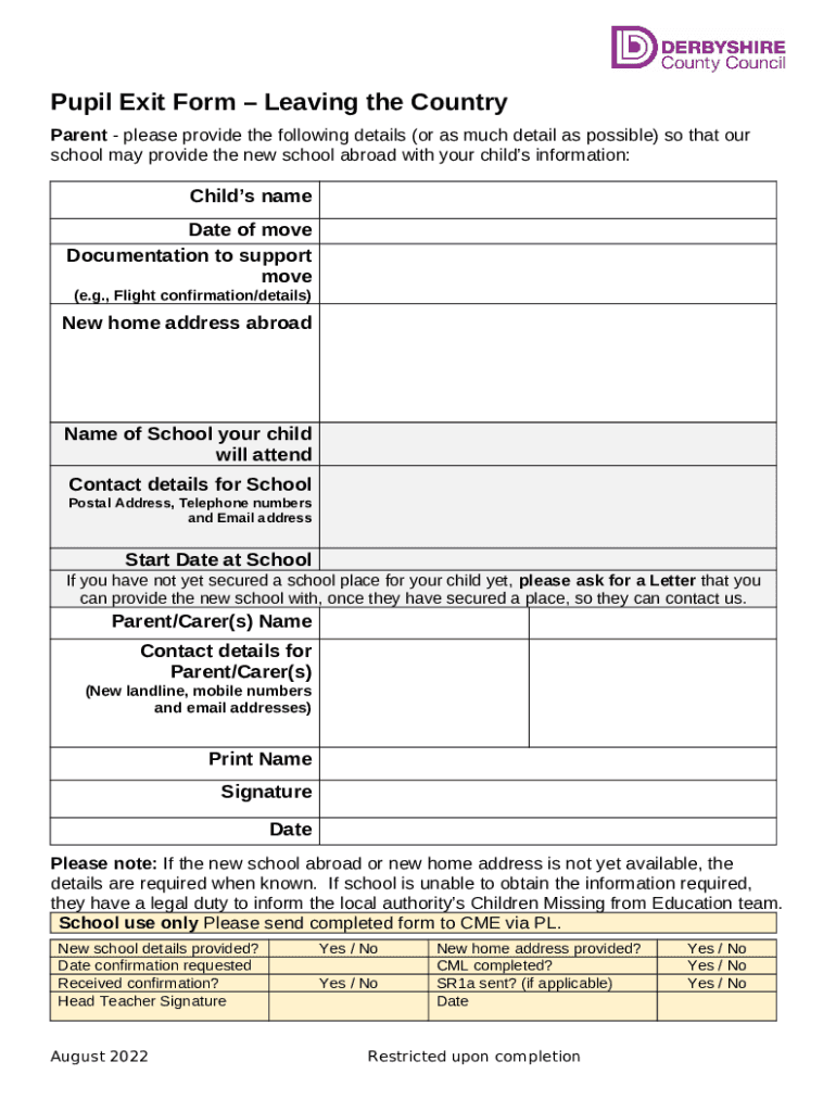 Pupil exit - Leaving the country Doc Template | pdfFiller
