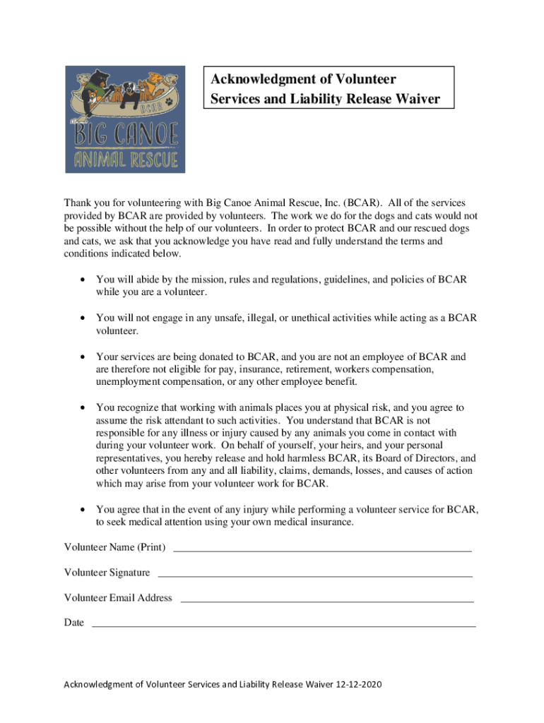 Fillable Online Acknowledgment of Volunteer Services and Liability ...