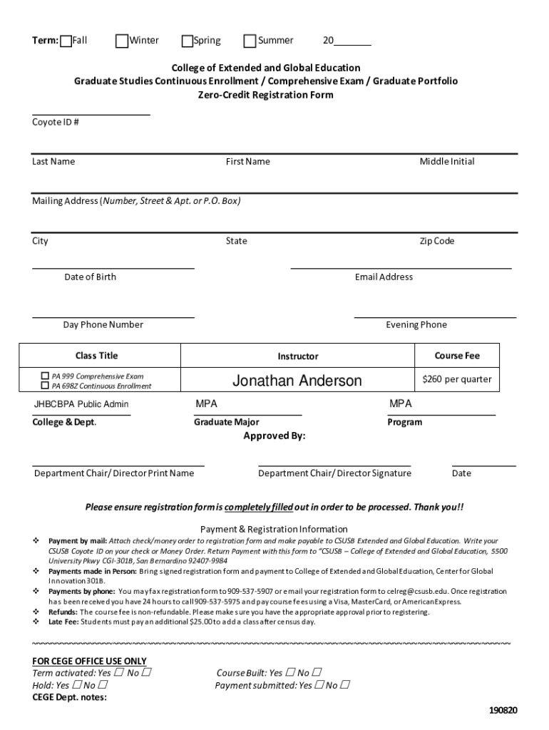 Fillable Online Continuous Enrollment Registration Form ... Fax Email ...