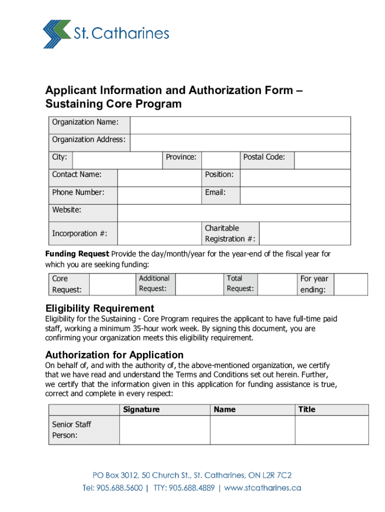 Fillable Online Sustaining Core Program Applicant Info / Authorization ...