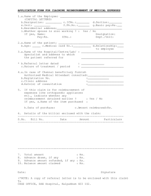 Fillable Online Application Form for claiming reimbursement of medical ...