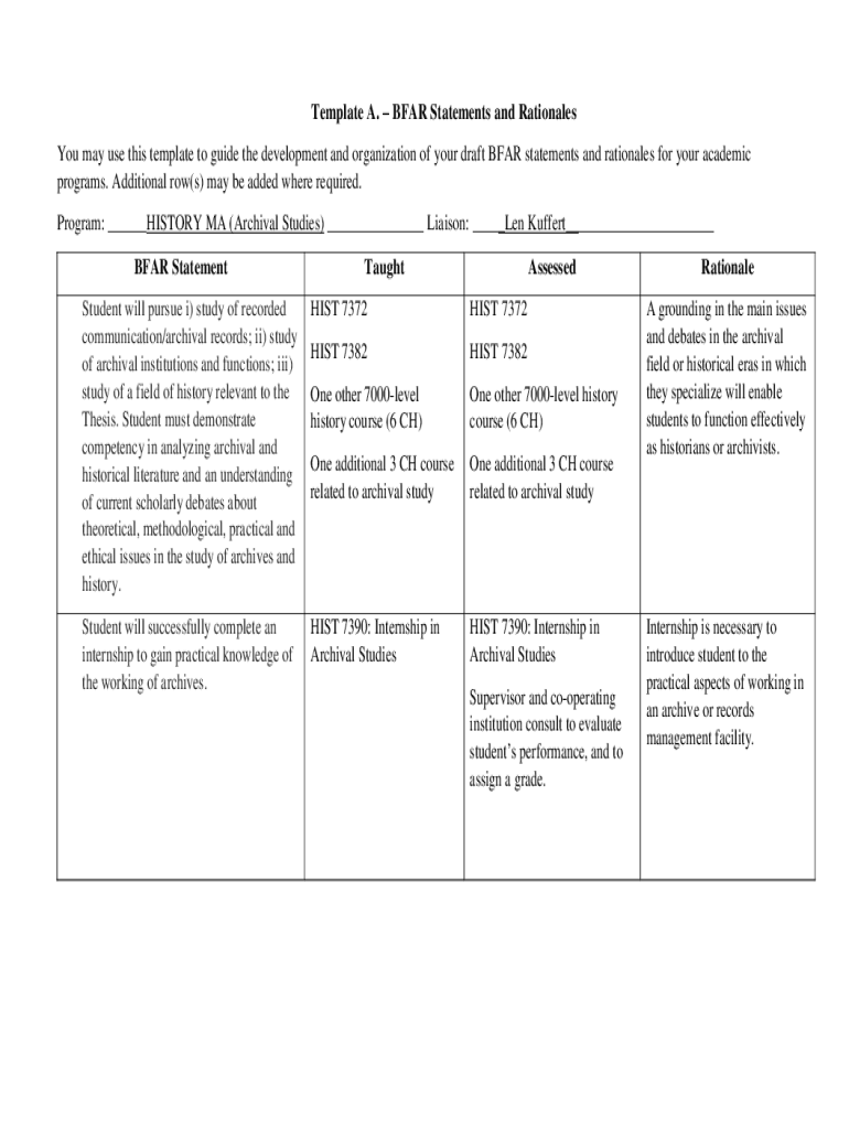 Fillable Online Template A. DRAFTBFAR Statements and Rationales Fax ...