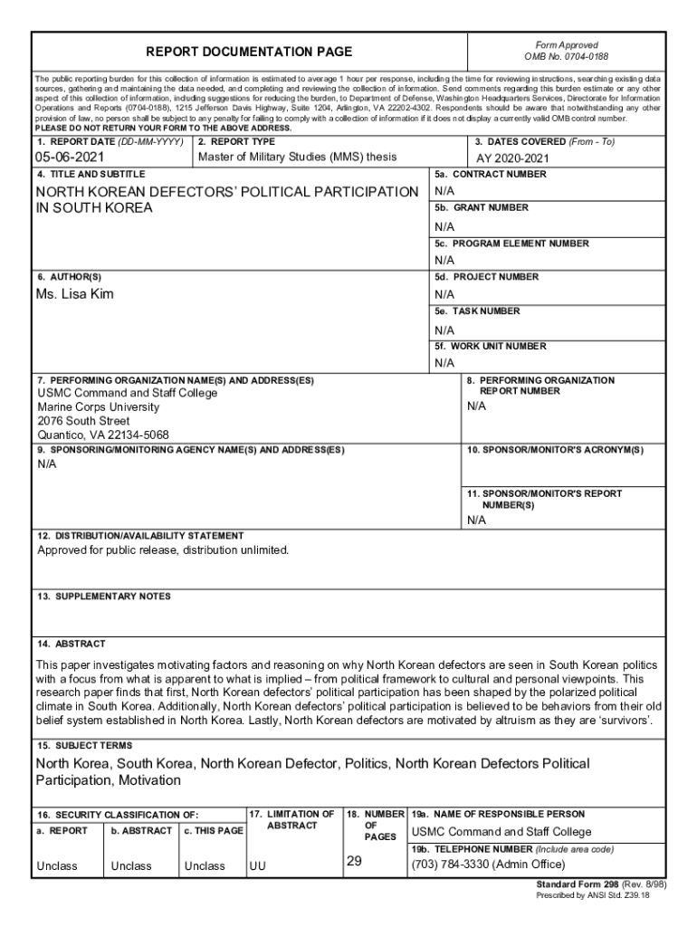 Fillable Online North Korean Defectors Political Participation in South ...