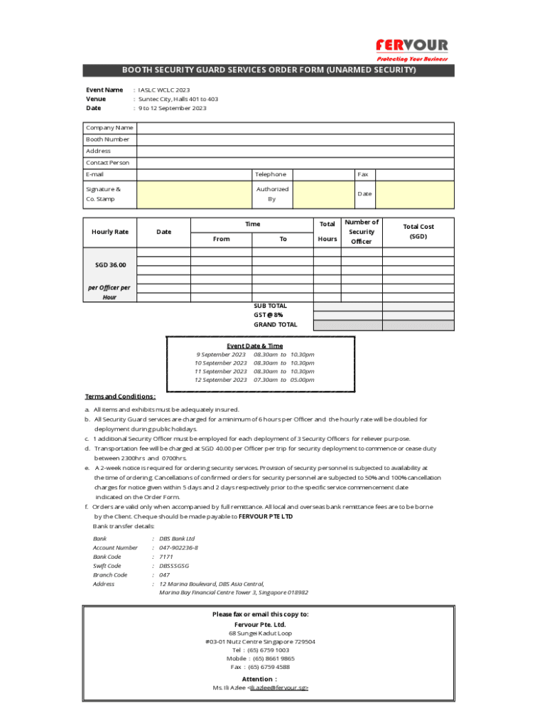 Fillable Online BOOTH SECURITY GUARD SERVICES ORDER FORM (UNARMED SECURITY) Fax Email Print ...