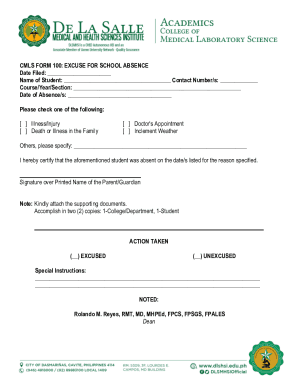 Fillable Online cmls form 100: excuse for school absence Fax Email ...