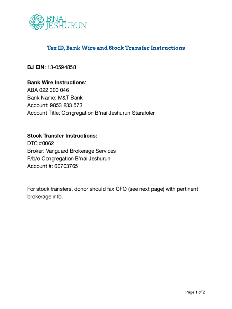 Fillable Online *BJ Tax ID , Bank Wire and Stock Transfer Instructions ...