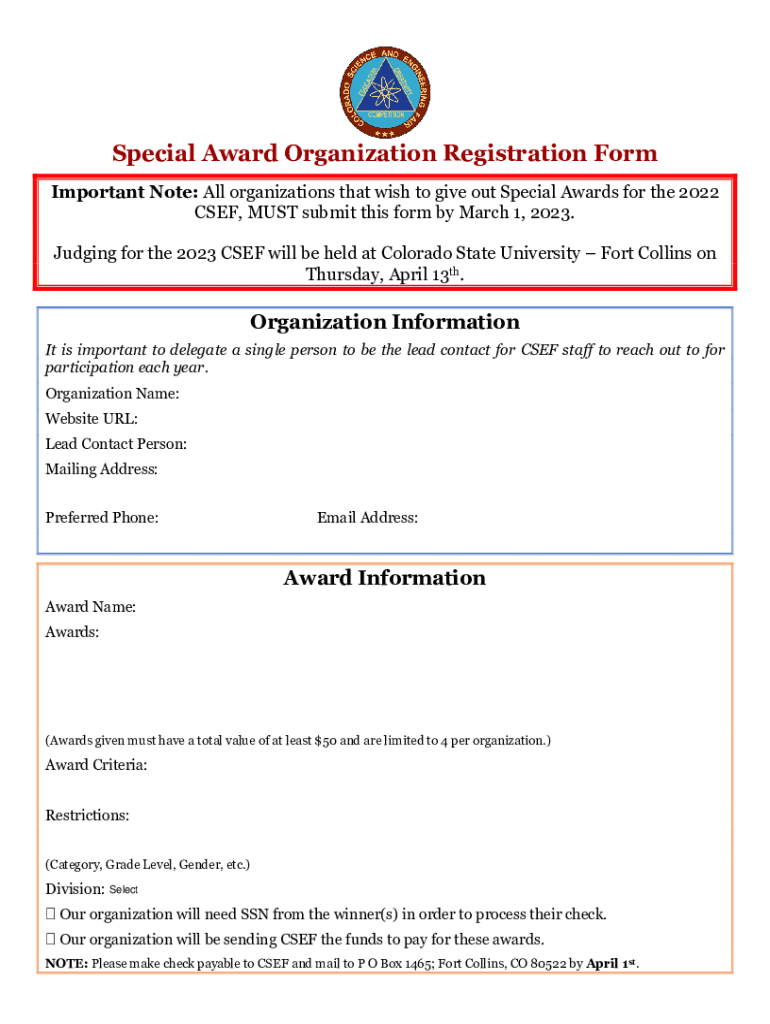 Fillable Online Special Award Organization Registration Form Fax Email ...