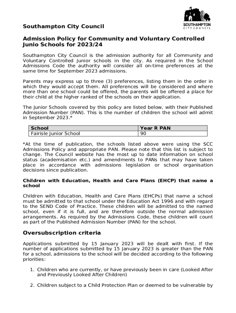 Junior school admissions policies Doc Template | pdfFiller