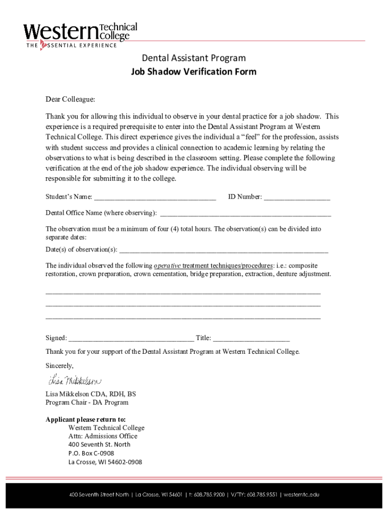 Fillable Online Dental Assistant Job Shadow Form Fax Email Print ...