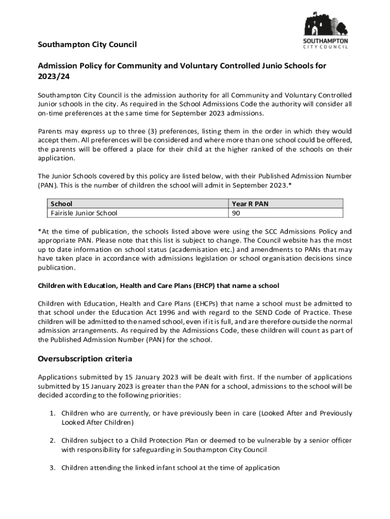 Fillable Online Primary school admissions policies Fax Email Print ...