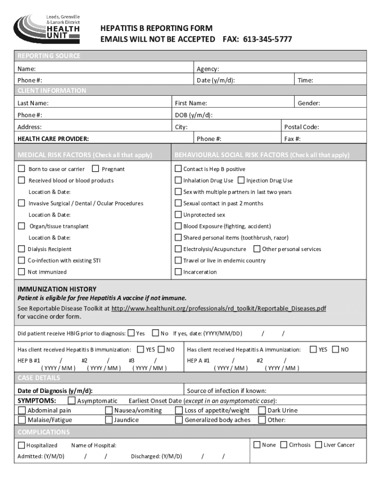 Fillable Online HEPATITIS B REPORTING FORM EMAILS WILL NOT BE ... Fax ...