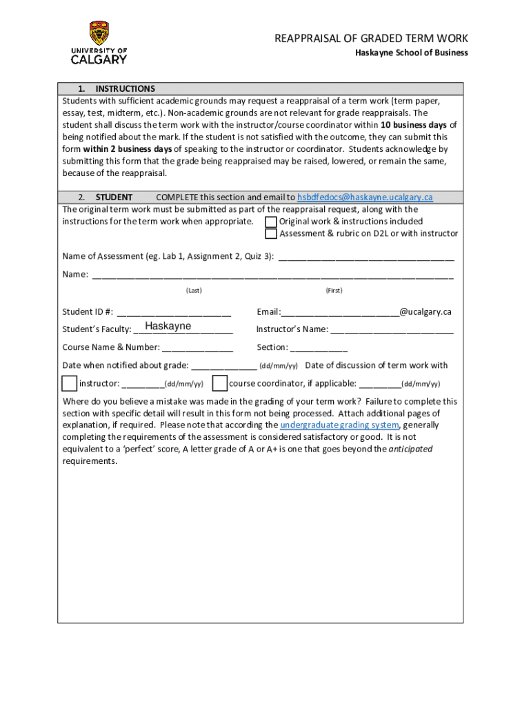 Fillable Online haskayne ucalgary I.3 Reappraisal of Academic Assessments (Final Grades) Fax ...