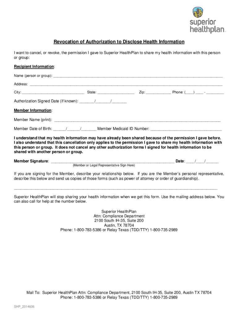 Fillable Online Revocation of Authorization to Disclose Health ...