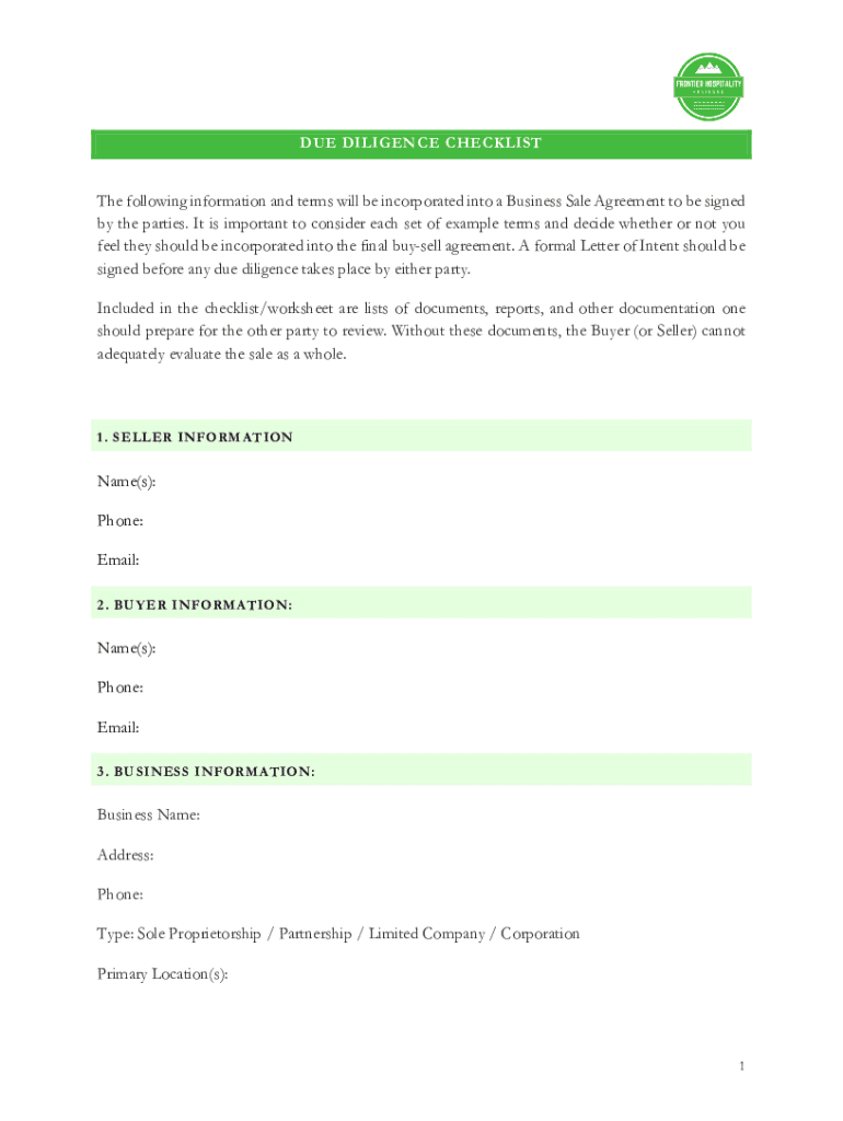 Fillable Online DUE DILIGENCE CHECKLIST Sample Clauses Fax Email Print ...