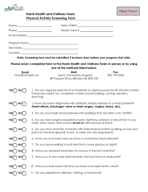 Fillable Online Pre Exercise Screening Form - Fill Online, Printable ...