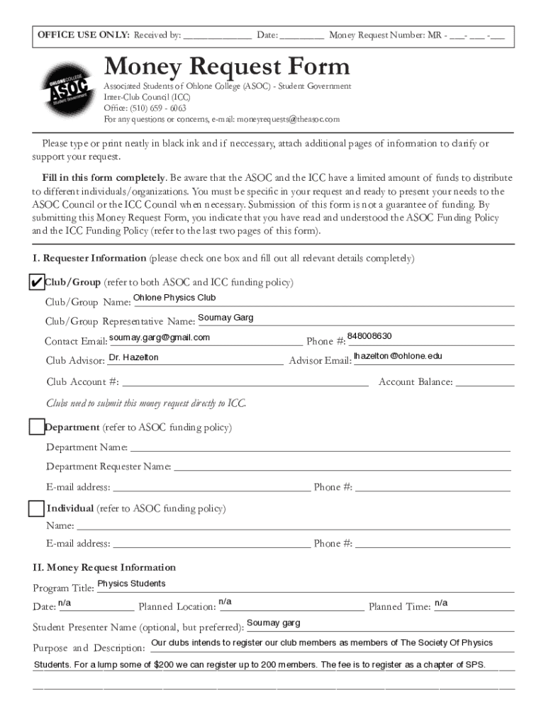 Fillable Online Money Request Form - Student Activities Fax Email Print ...