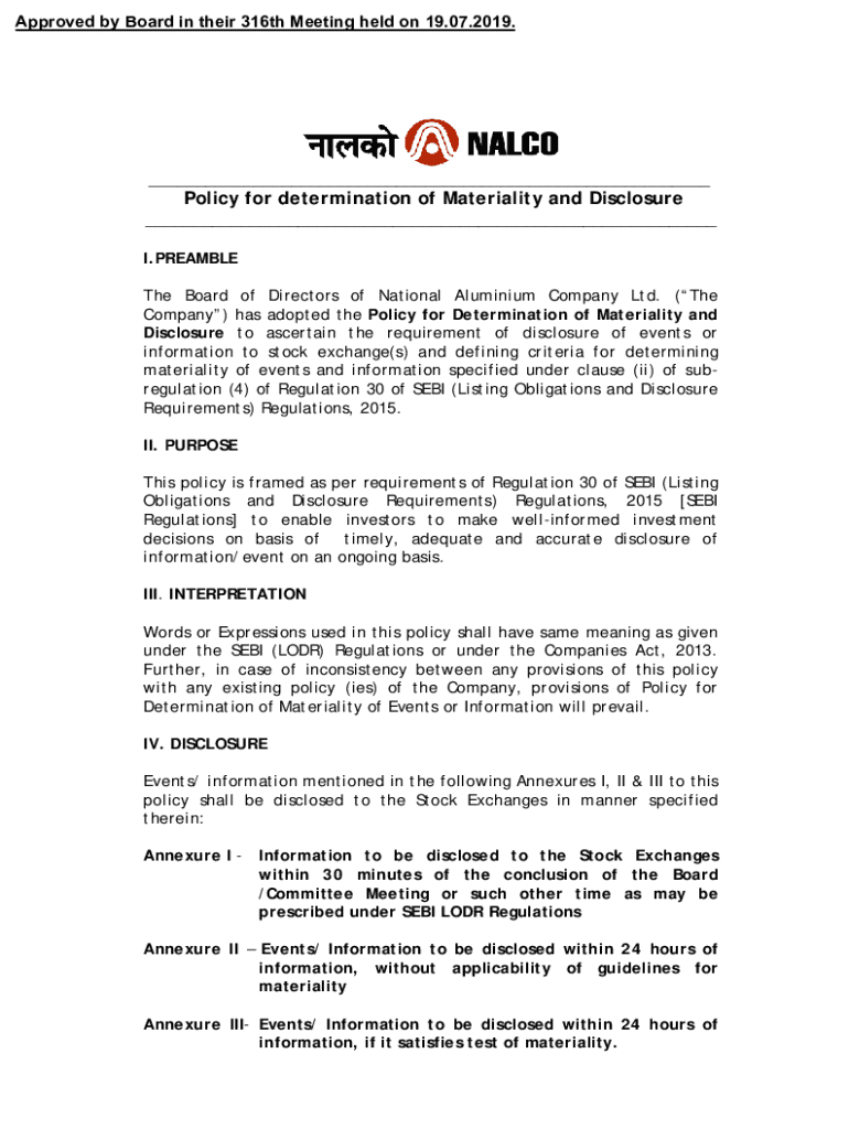 Fillable Online Policy for determination of Materiality and Disclosure ...