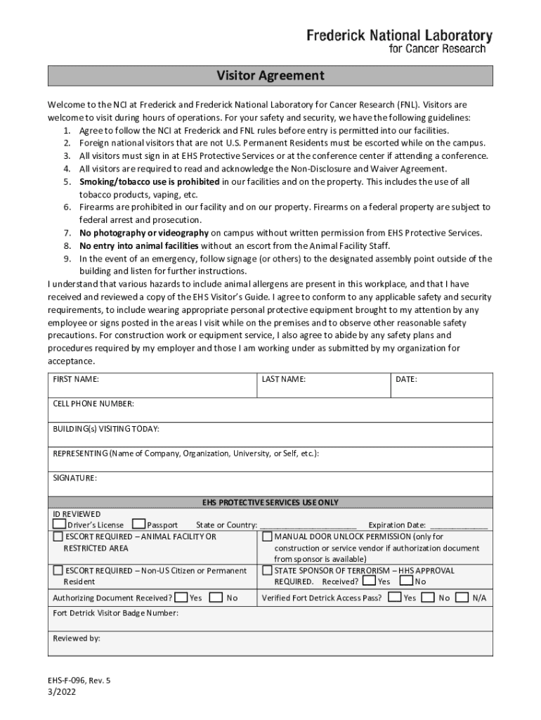 Fillable Online ncifrederick cancer EHS-F-096 FNL Visitor Agreement ...