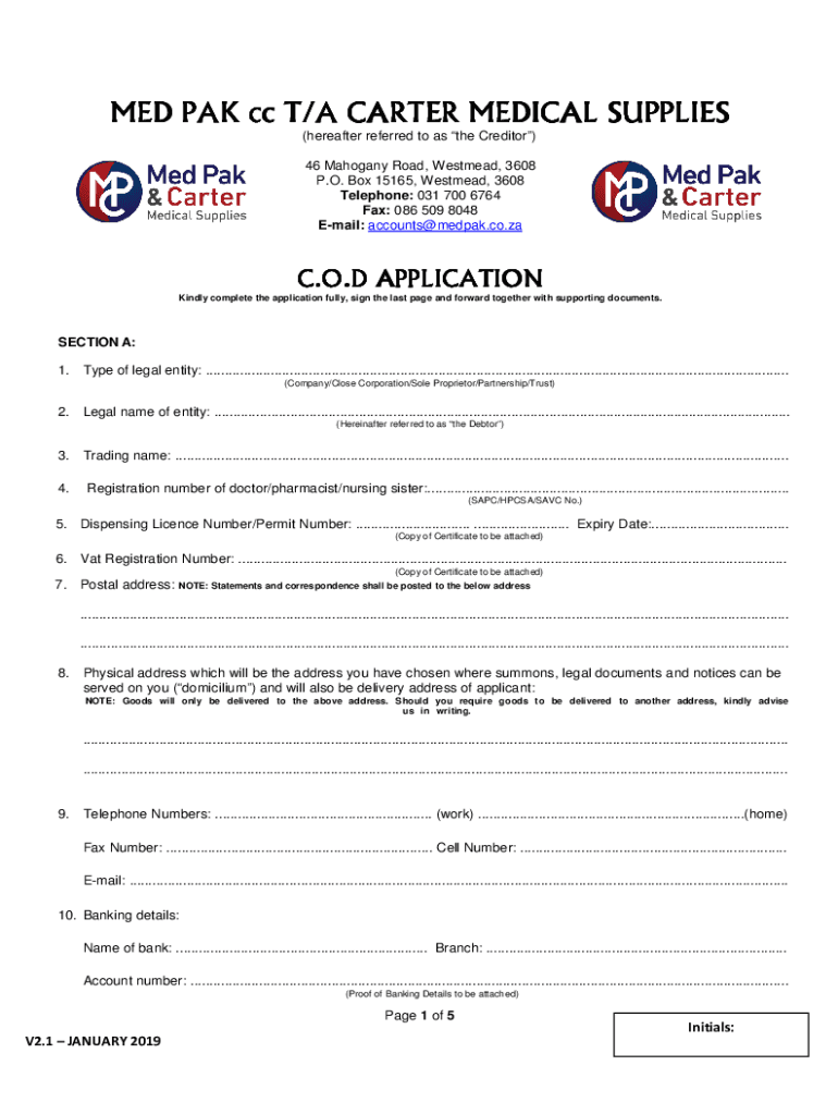Fillable Online Med Pak - Application for C.O.D Account.docx Fax Email Print - pdfFiller