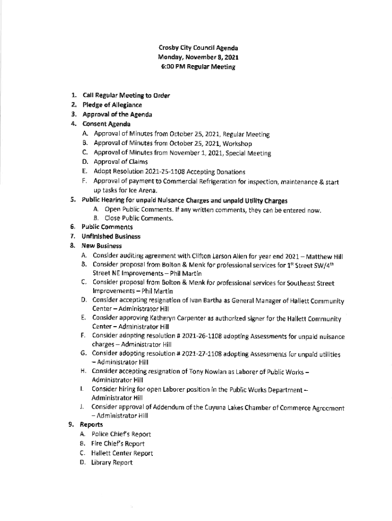 Fillable Online 2. Pledge of Allegiance 3. Approval ofthe Agenda 4 ...