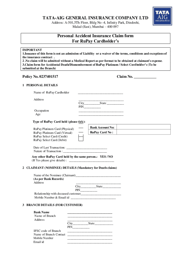 Fillable Online Personal Accident Insurance Claim form For RuPay ...