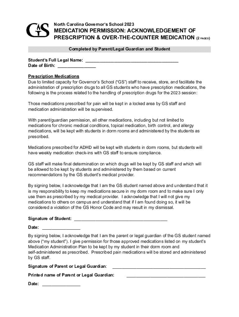 Fillable Online medication permission: acknowledgement of prescription ...