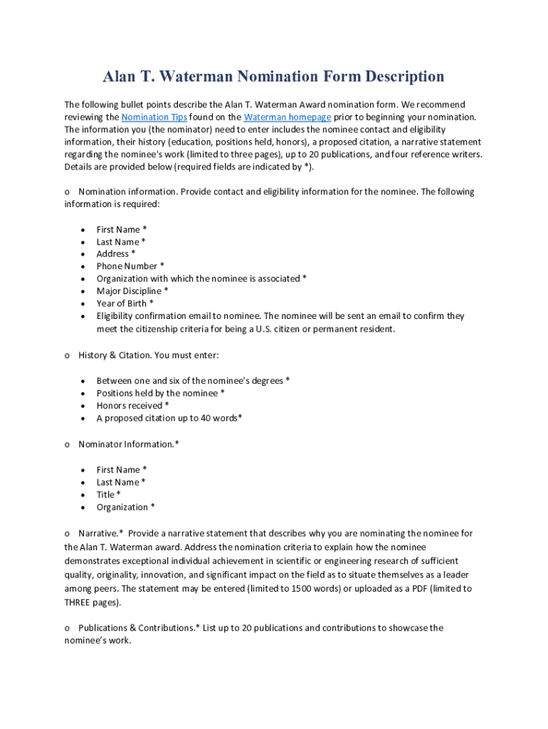 Fillable Online Nomination Form Description. Alan T. Waterman Award Fax ...