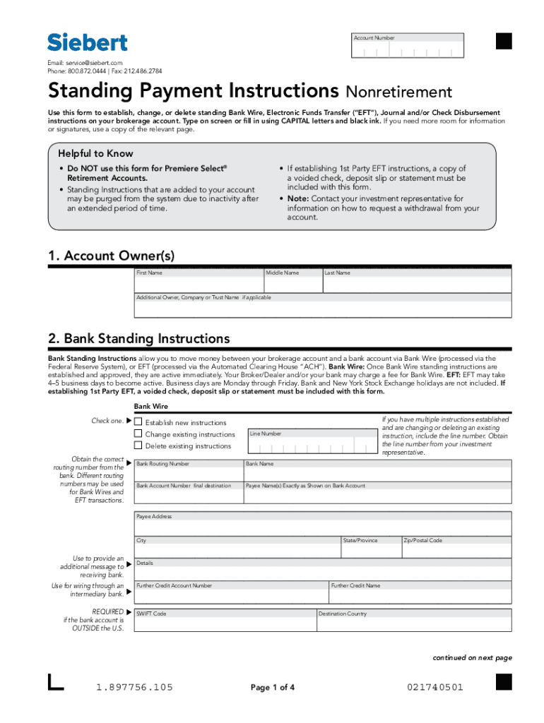 Fillable Online Bank Wire Standing Instructions Form Us Dollar (Non ...