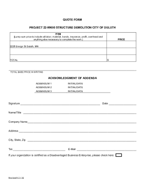 Fillable Online QUOTE FORM PROJECT 22-99650 STRUCTURE DEMOLITION ...