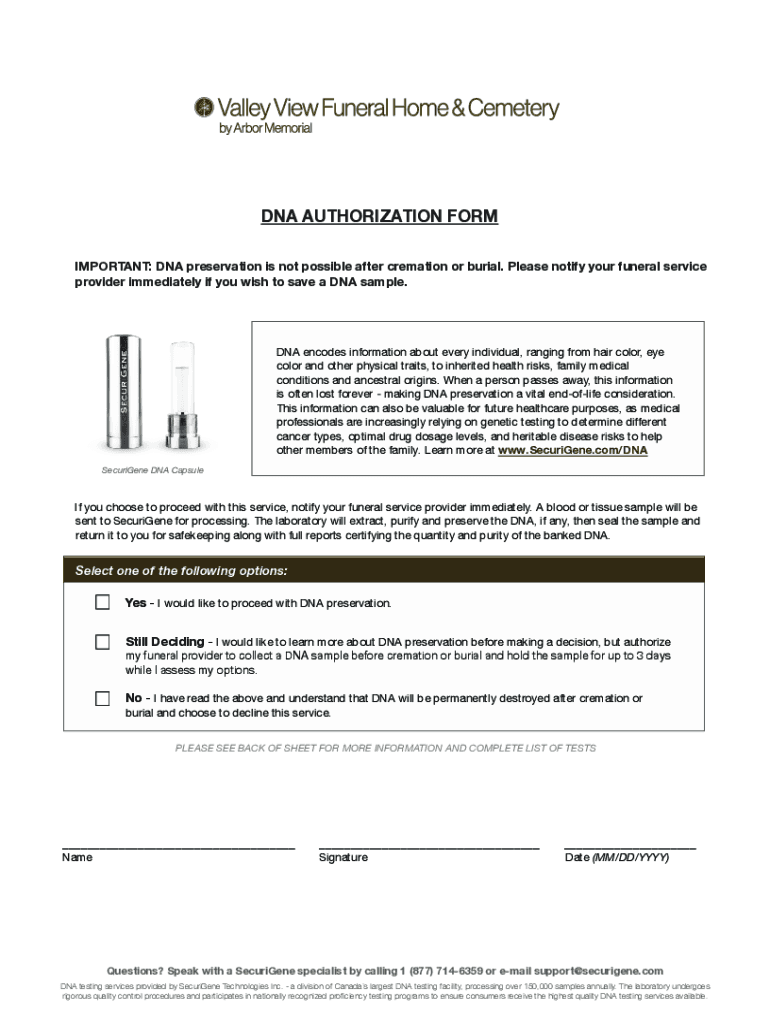 Fillable Online DNA AUTHORIZATION FORM Fax Email Print - pdfFiller