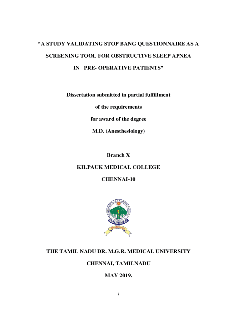 Fillable Online A Study Validating Stop Bang Questionnaire as a ...
