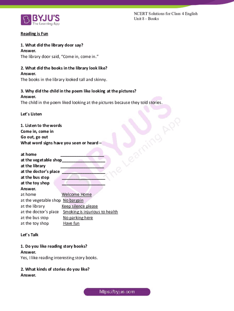 Fillable Online NCERT Solutions for Class 4 English Unit 8 Books. NCERT Solutions for Class 4 ...