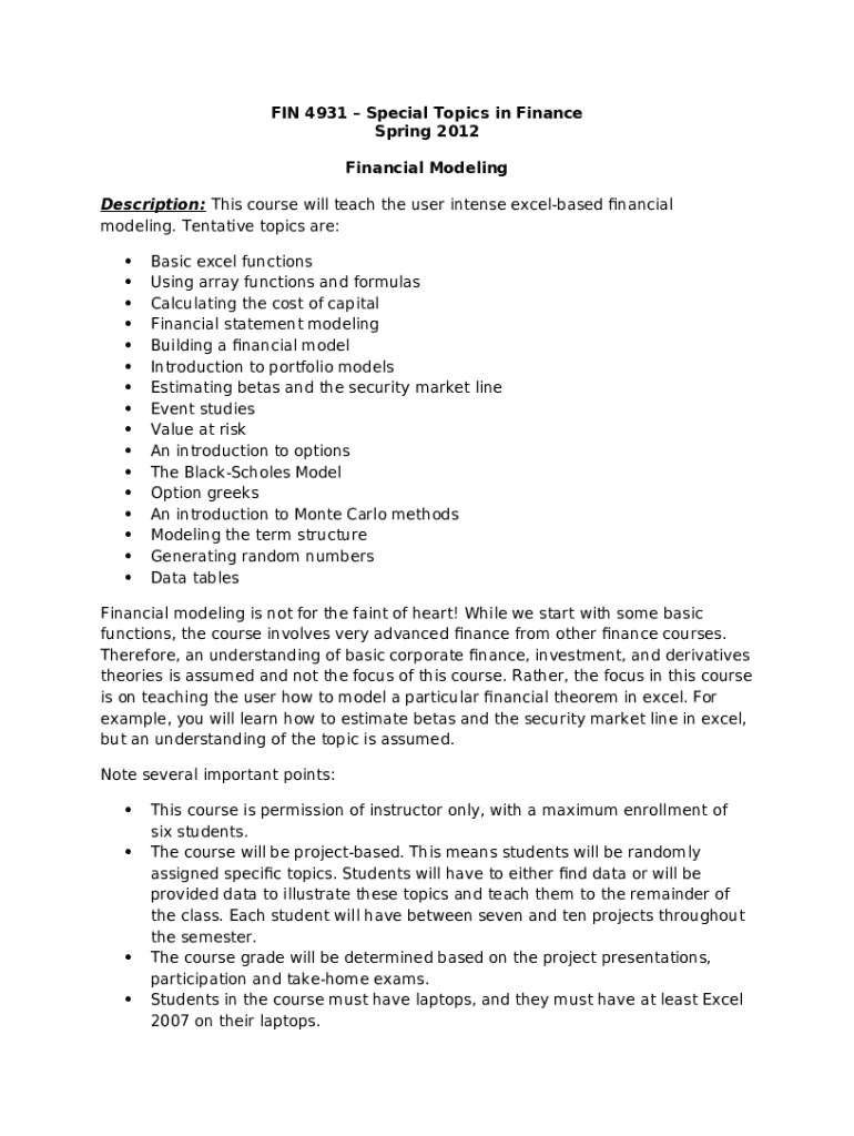 Advanced Modelling In Finance Using Excel And Vba Doc Template Pdffiller