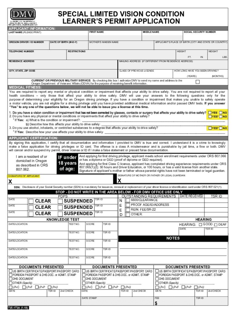 Fillable Online 735-173A. Special Limited Visiion Condition Learner's ...