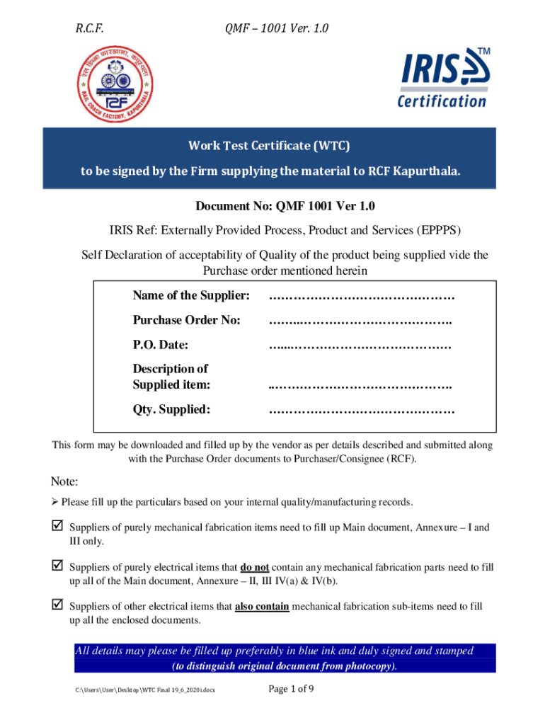 Fillable Online rcf indianrailways gov 1001 Ver. 1.0 Work Test ...