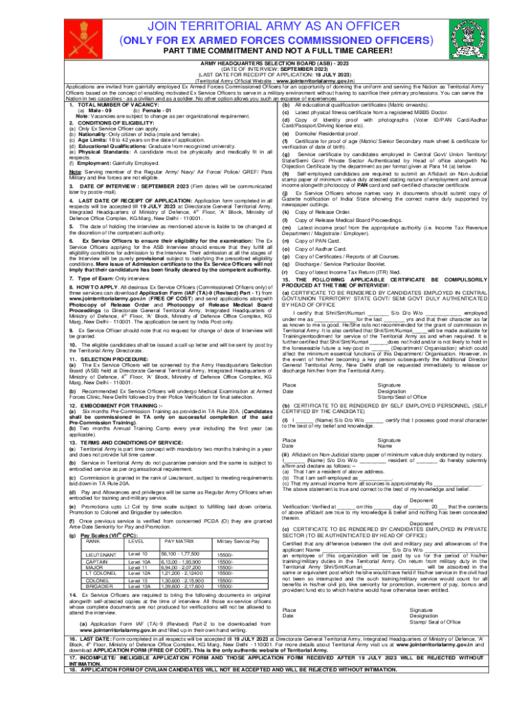 Fillable Online Territorial Army Exam- Application Form, Eligibility ...