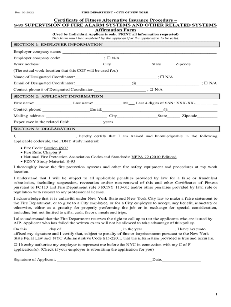 Fillable Online s-95 supervision of fire alarm systems and other ...