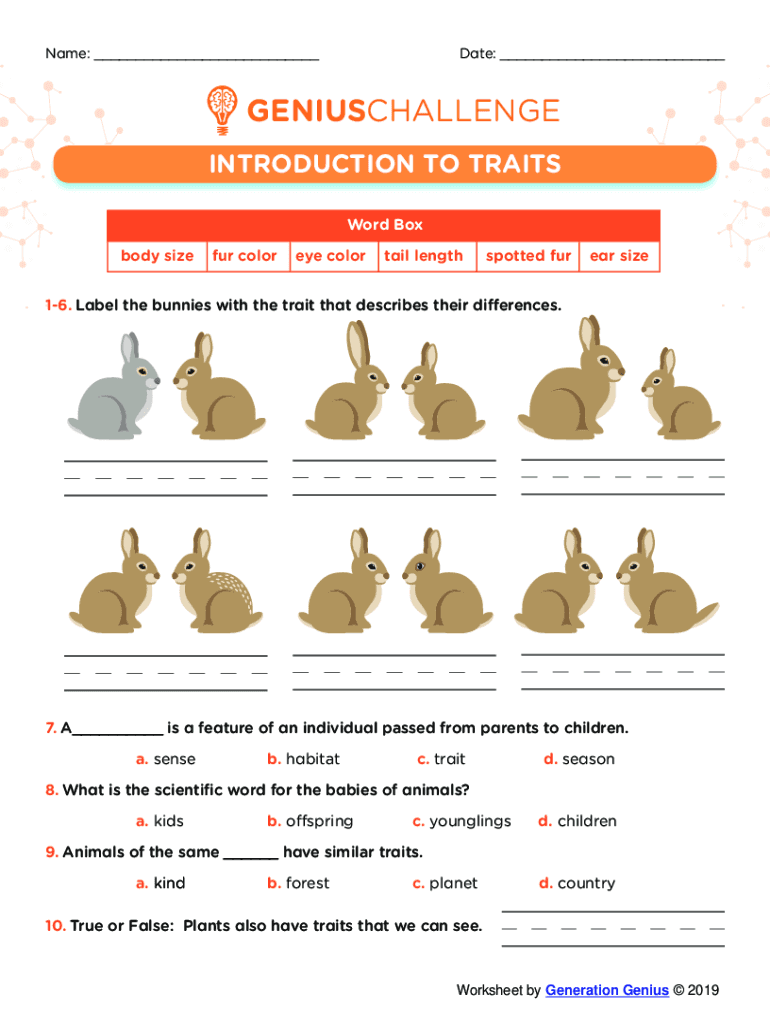 Fillable Online Inherited TraitsWorksheet for Grades K-2 PDF. A one ...
