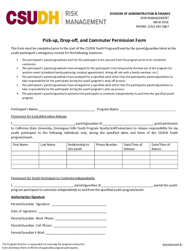 Fillable Online Pick-up, Drop-off, and Commuter Permission Form Fax ...