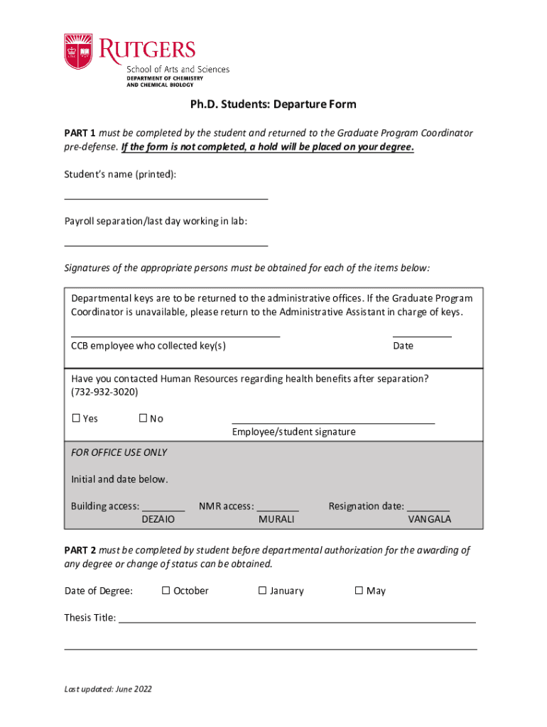 Fillable Online chem rutgers Ph.D. Students: Departure Form Fax Email ...