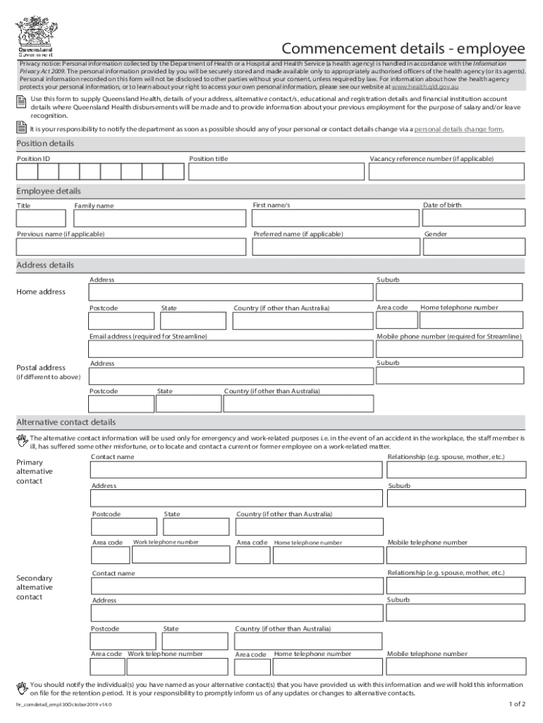 Fillable Online Commencement Details - Employee. Use this form to ...