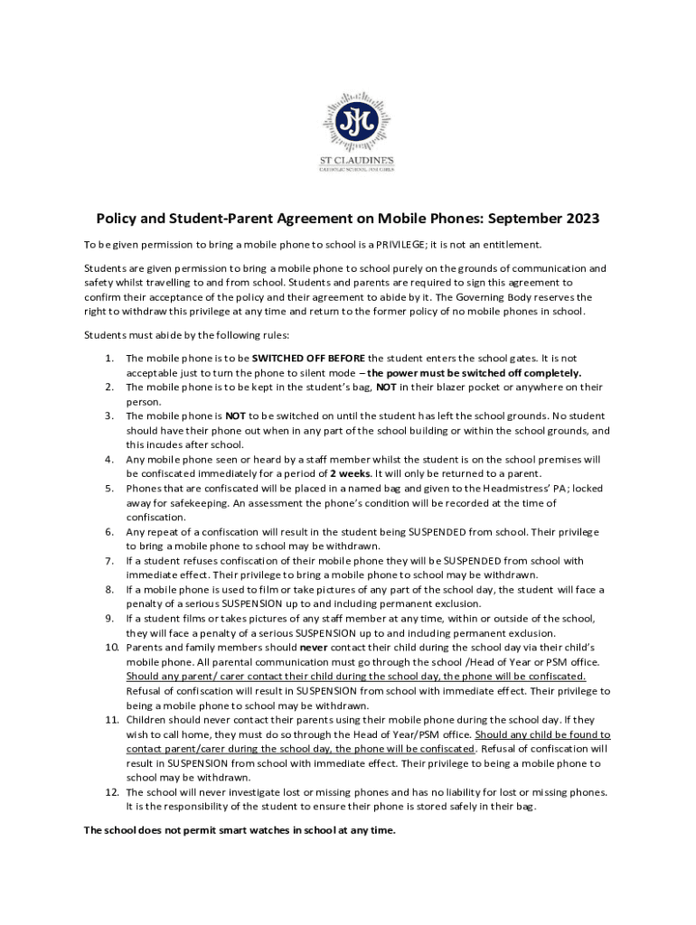 Fillable Online Policy and Student-Parent Agreement on Mobile Phones ...