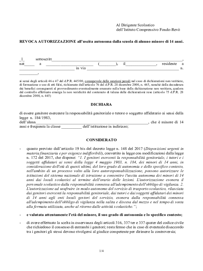 Compilabile Online autorizzazione all'uscita autonoma per alunno minore ...