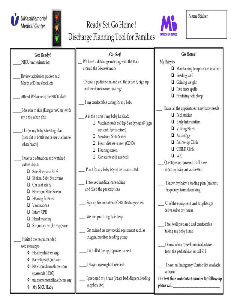 Fillable Online Ready Set Go Home ! Discharge Planning Tool for ...