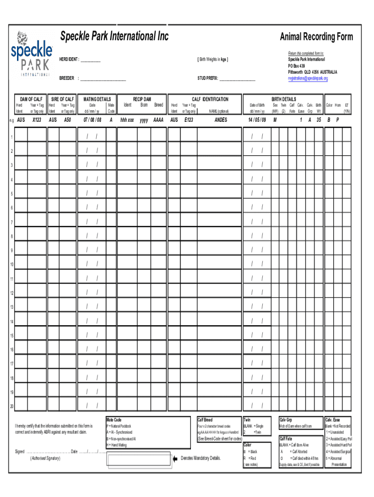 Fillable Online Speckle Park International Inc Animal Recording Form Fax Email Print - pdfFiller