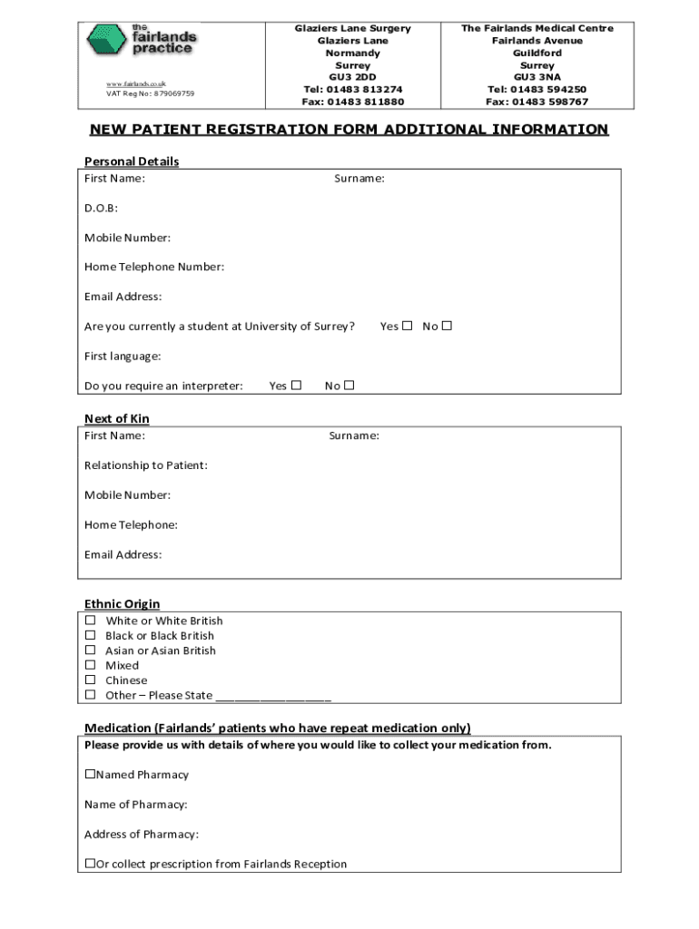 Fillable Online Contact: Procare Health Ltd at Fairlands Medical ...