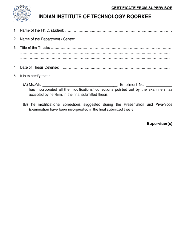 Fillable Online iitr ac Certificate from Supervisor Fax Email Print - pdfFiller