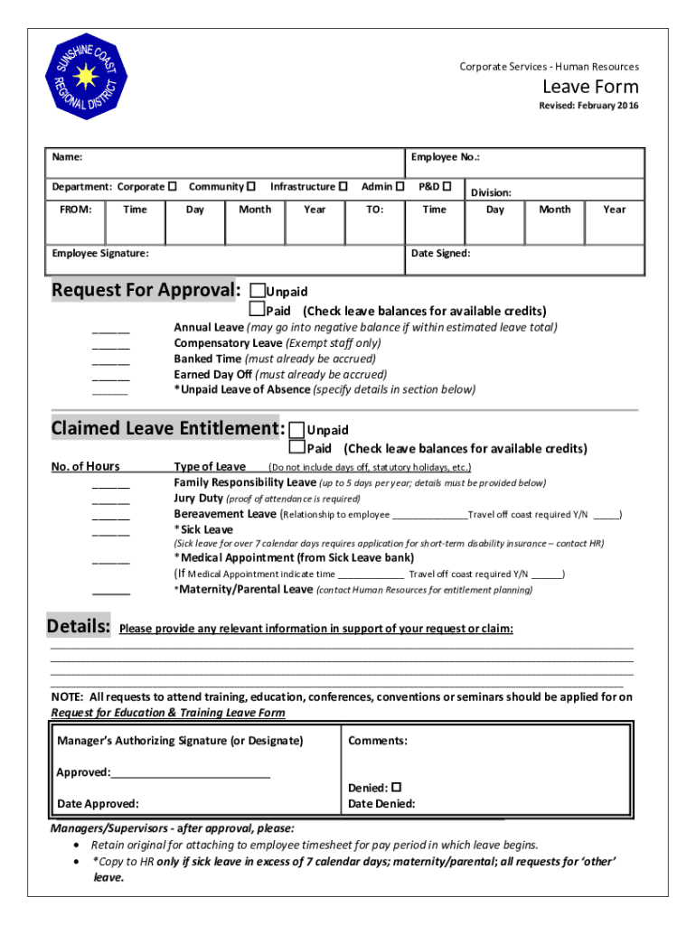 Fillable Online Leave Form Request For Approval: Unpaid Claimed ... Fax ...